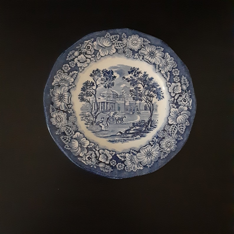 Monticello Blue Transferware Plate Featuring Colonial Country Scene ...