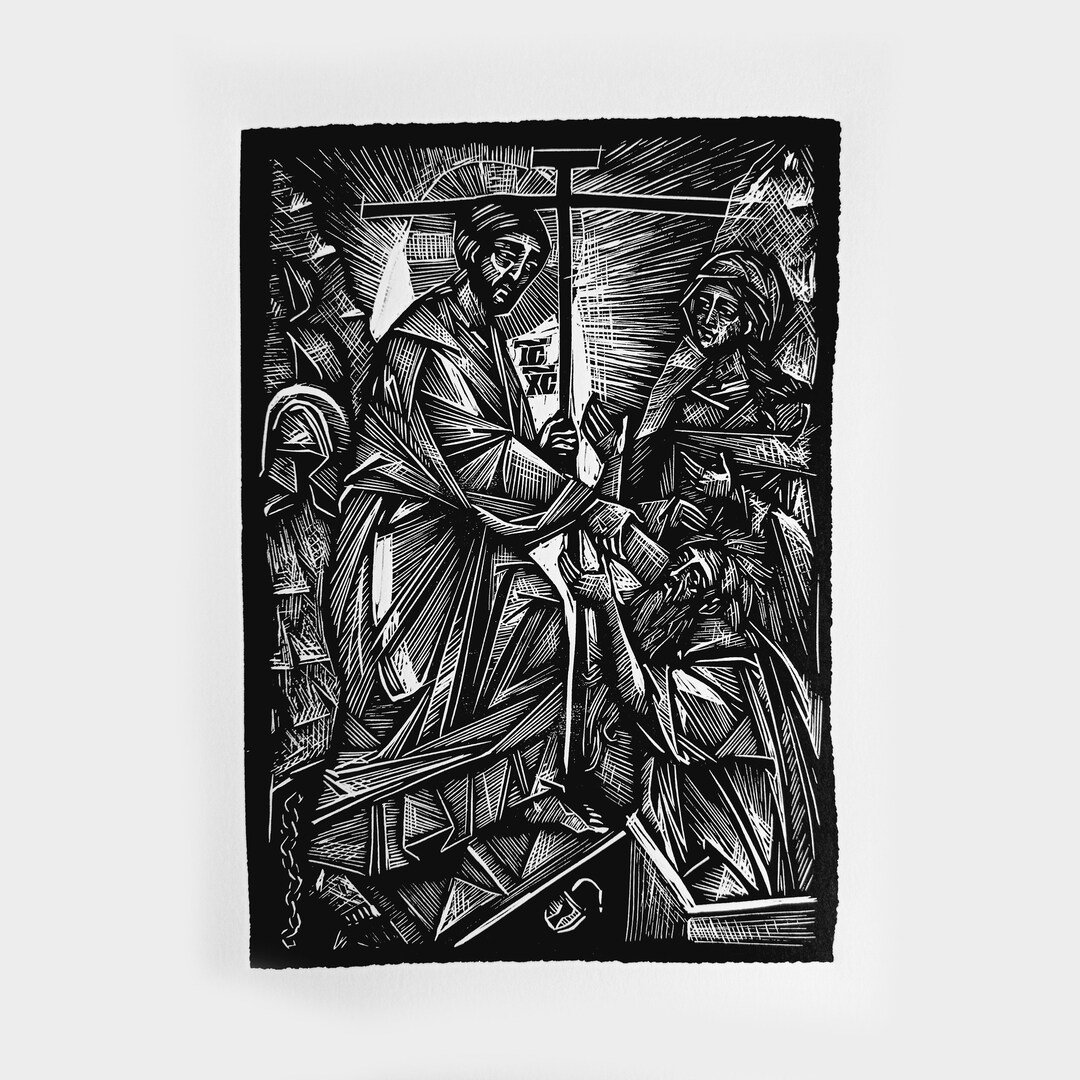 Descent Into the Abyss - Linocut - Graphic - Christ - Eve - Adam ...