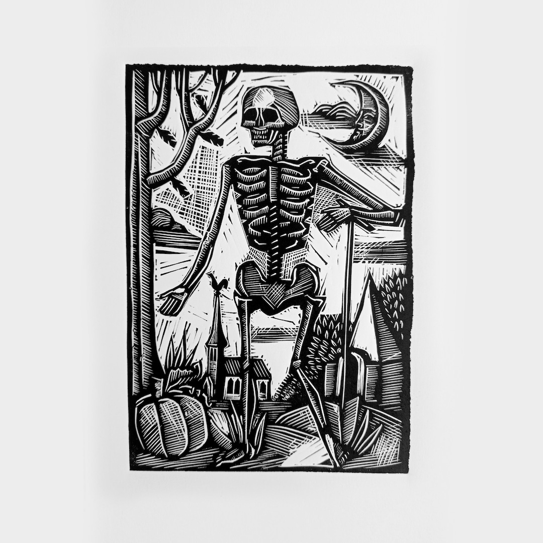 Skeleton - Linocut - Graphic - Print - Sorceress - Hag - Magic ...