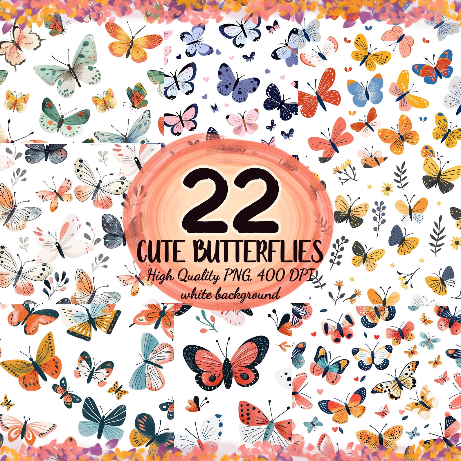 22 Watercolor Butterflies Clipart, Flowers Butteflies Bundle, Spring ...