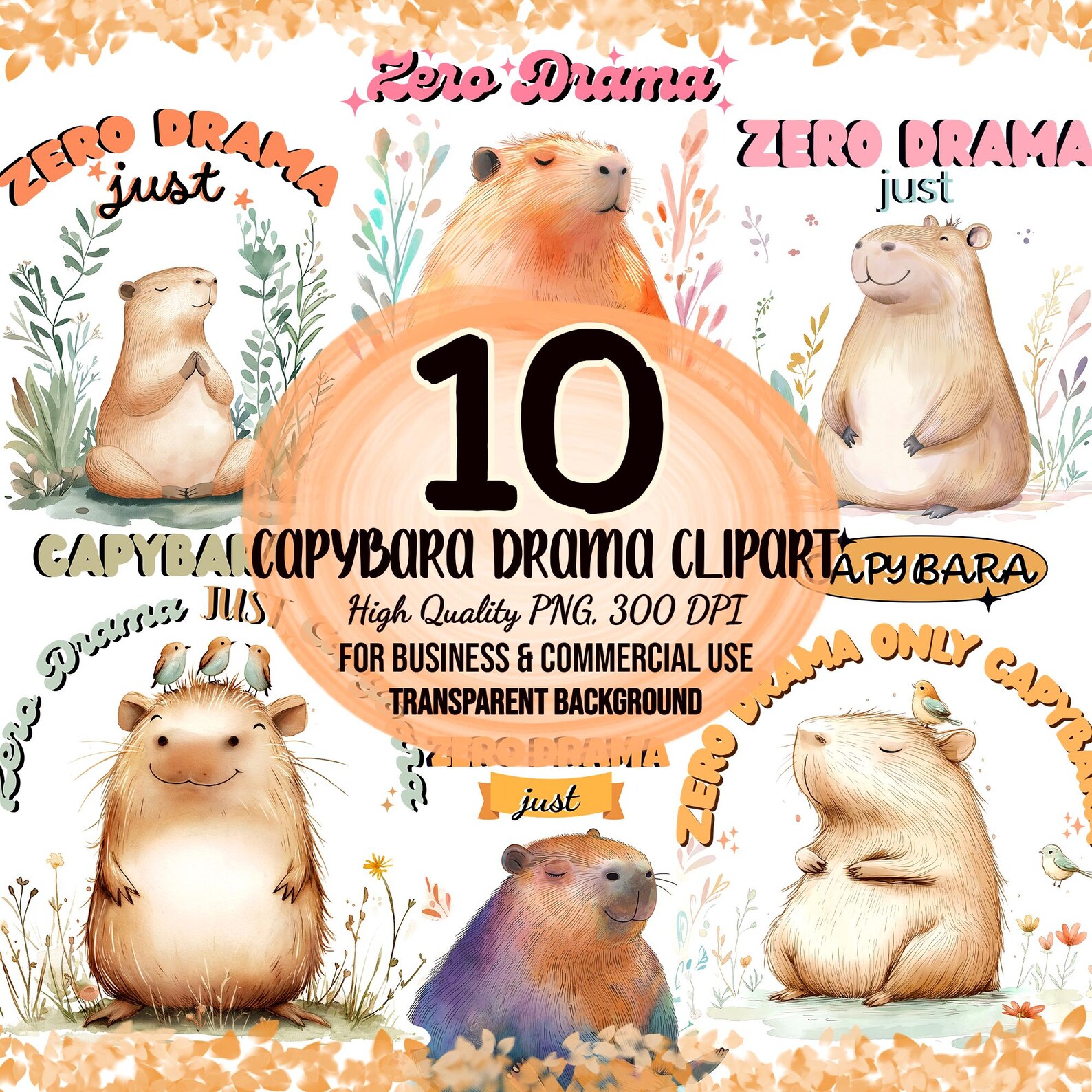 10 Watercolor Capybaras Clipart, Zero Drama Just Capybara Clipart ...