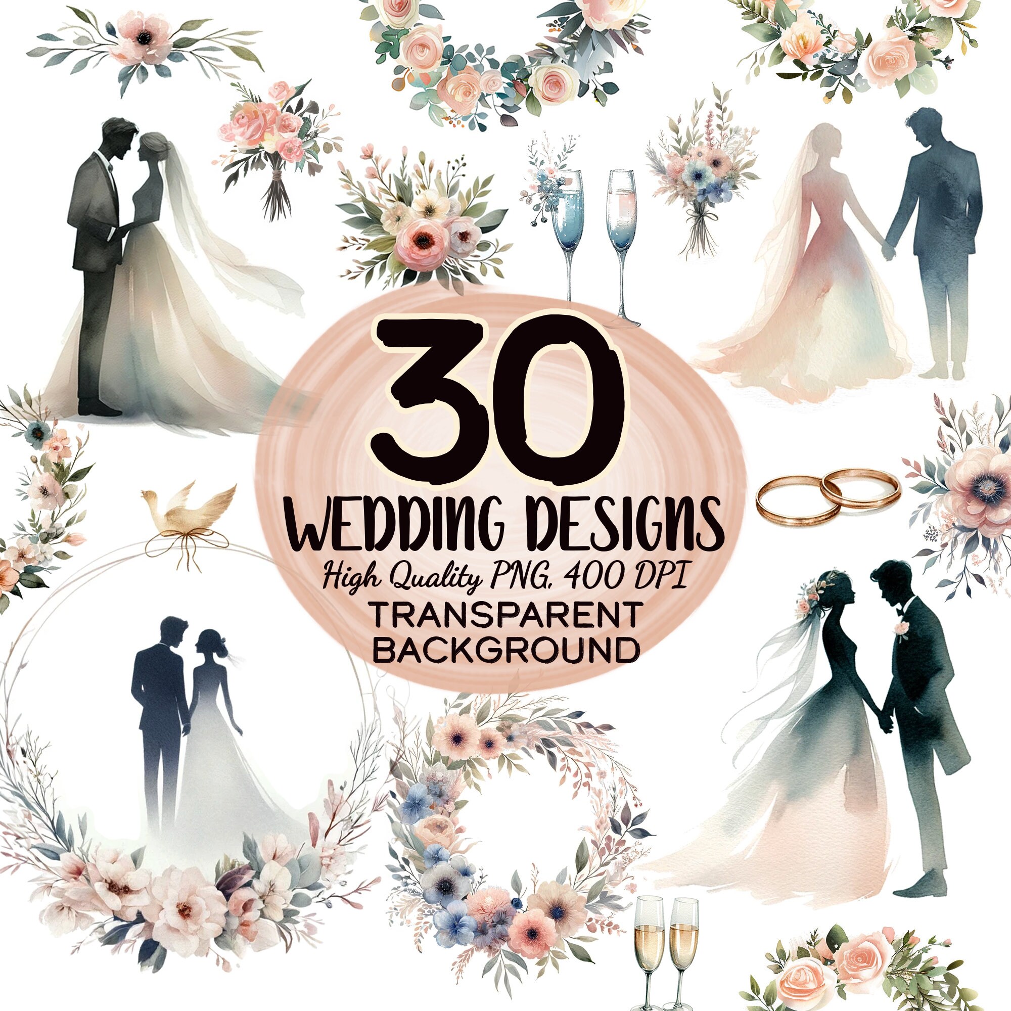30 Watercolor Wedding Clipart, Wedding Clipart Bundle, Floral Wedding ...
