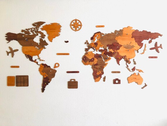 Wooden Travel Map Wooden World Map Wooden Map World Map - Etsy