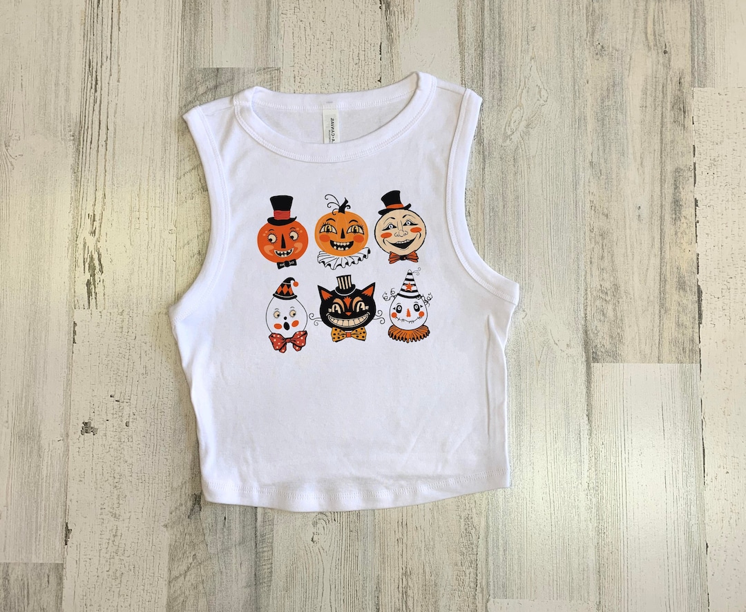 Retro Halloween Crop Tank, Pumpkin Cat Ghost, Old Style Horror Top ...