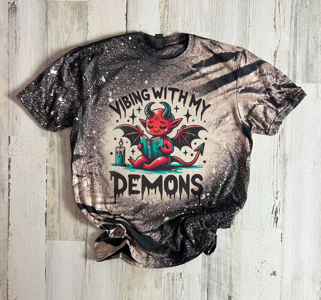 Vibing With My Demons Crop Tank, Devil Evil Hell Bleached Tee, Dark ...
