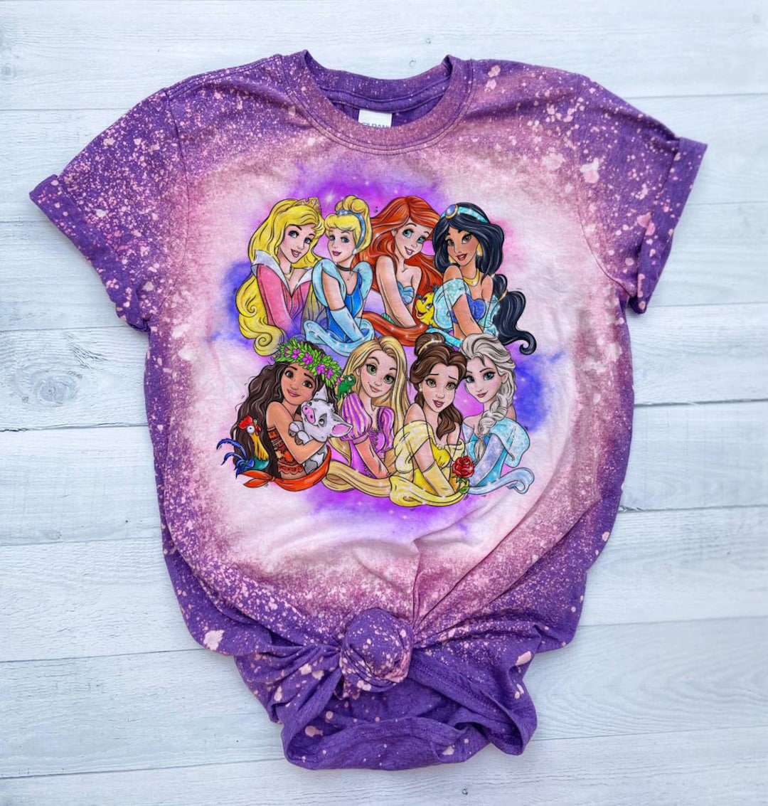 All Princess Tshirt, Bleached Disney Shirt, Birthday Kids Shirt, Girls Ariel Tiana Bleach Washed ...