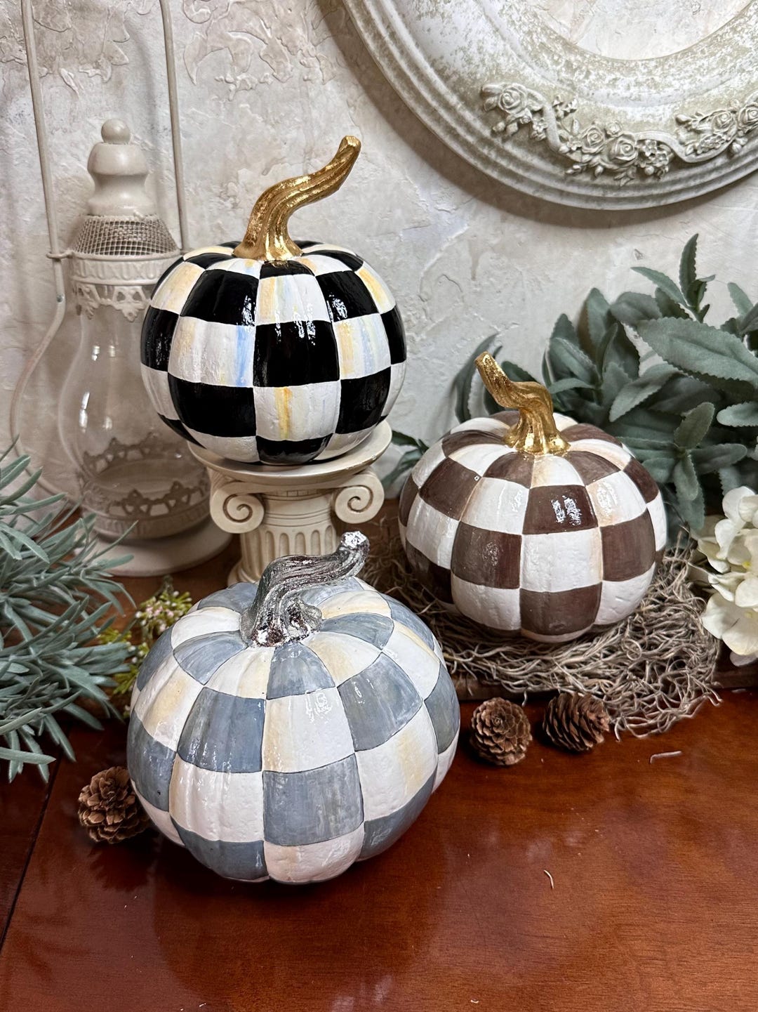 Gray and White Checkered Pumpkin, Fall Pumpkin Decor, Whimsical Pumpkin ...