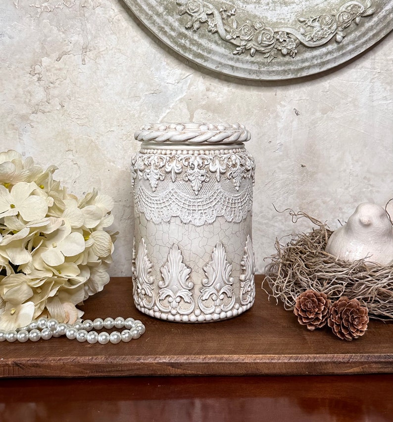 Decorative Glass Jar With Lid Shabby Chic Jar French Cottage Jar Ornate ...