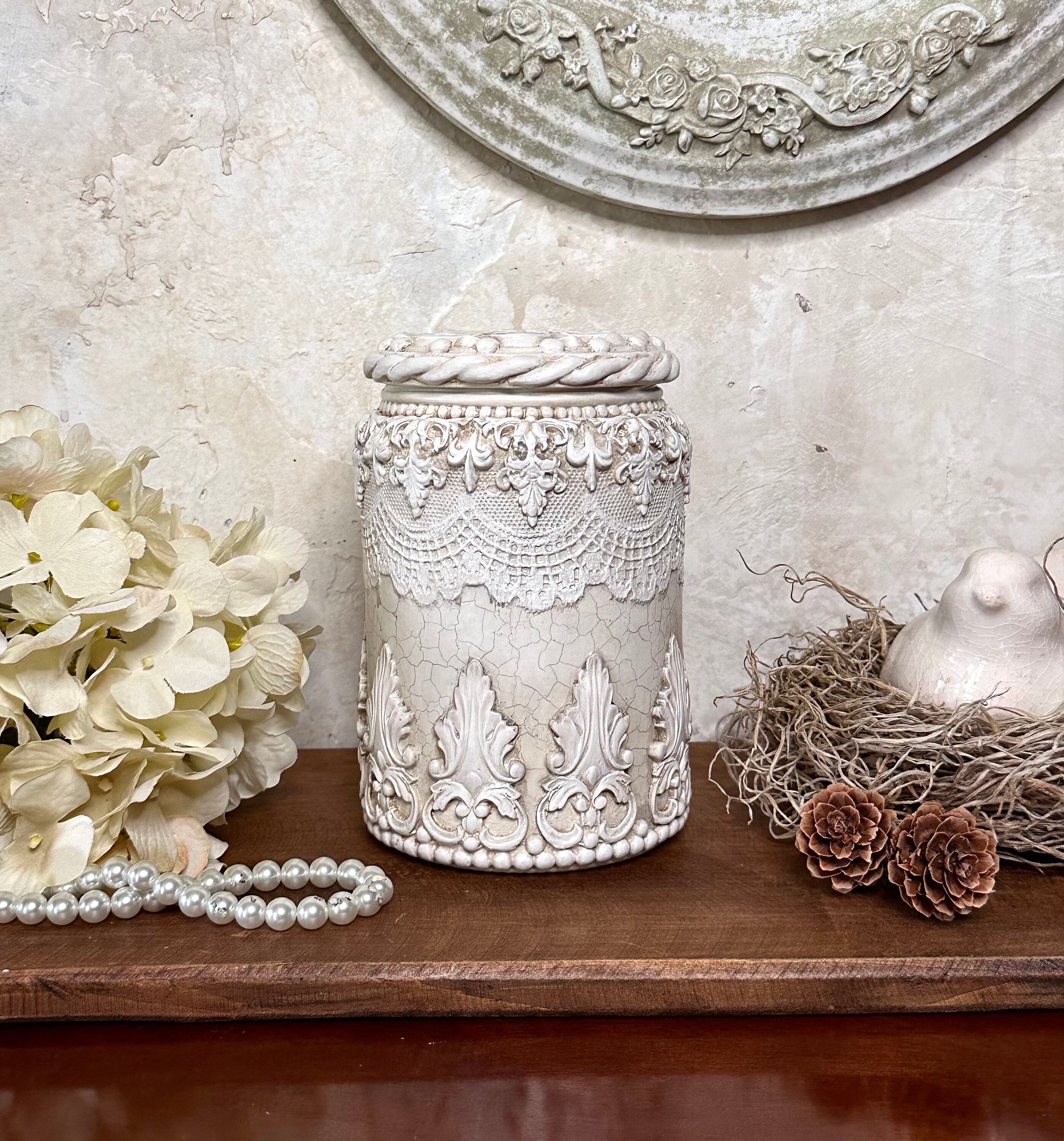 Decorative Glass Jar With Lid Shabby Chic Jar French Cottage Jar Ornate ...