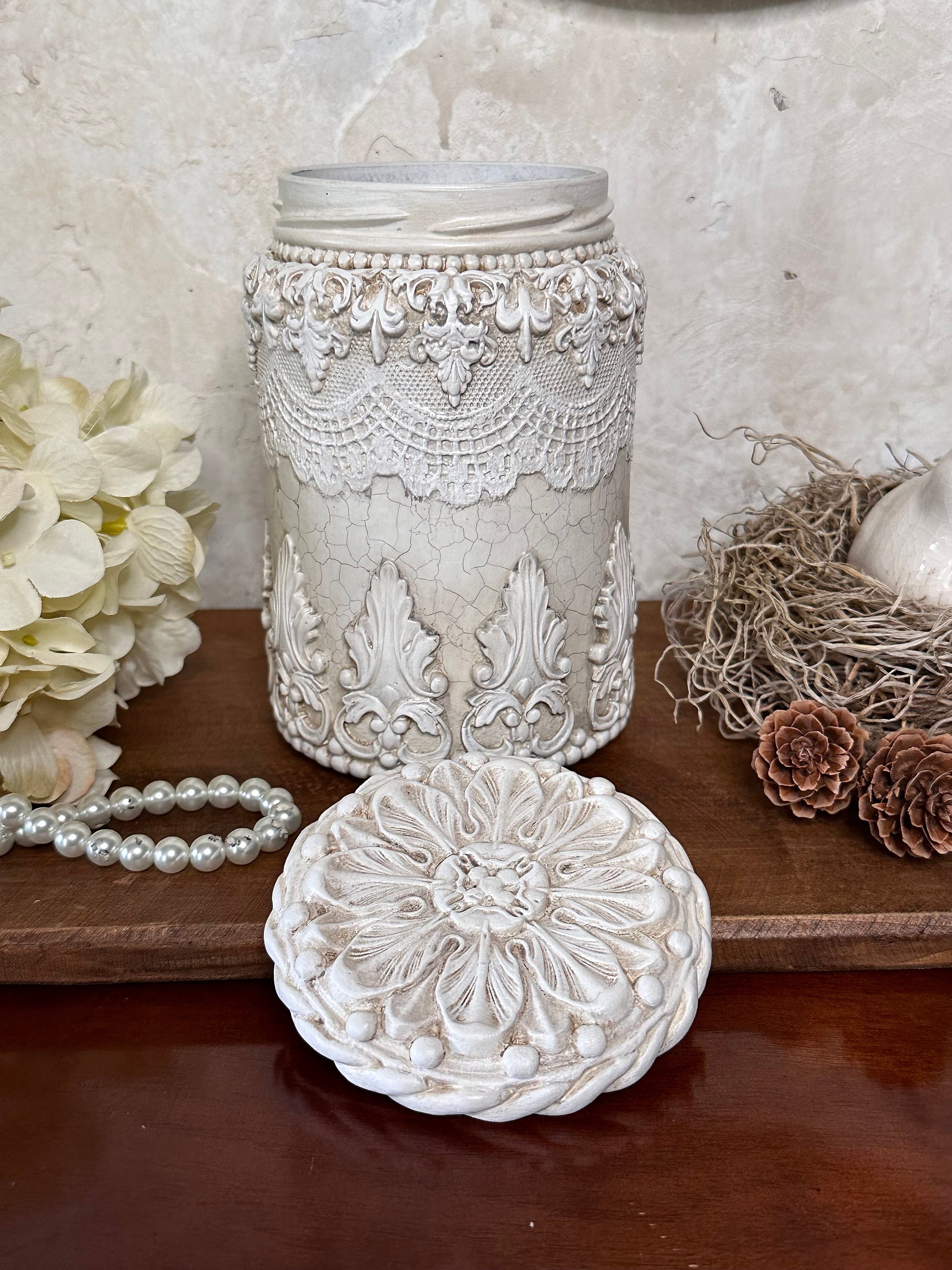 Decorative Glass Jar With Lid Shabby Chic Jar French Cottage Jar Ornate ...