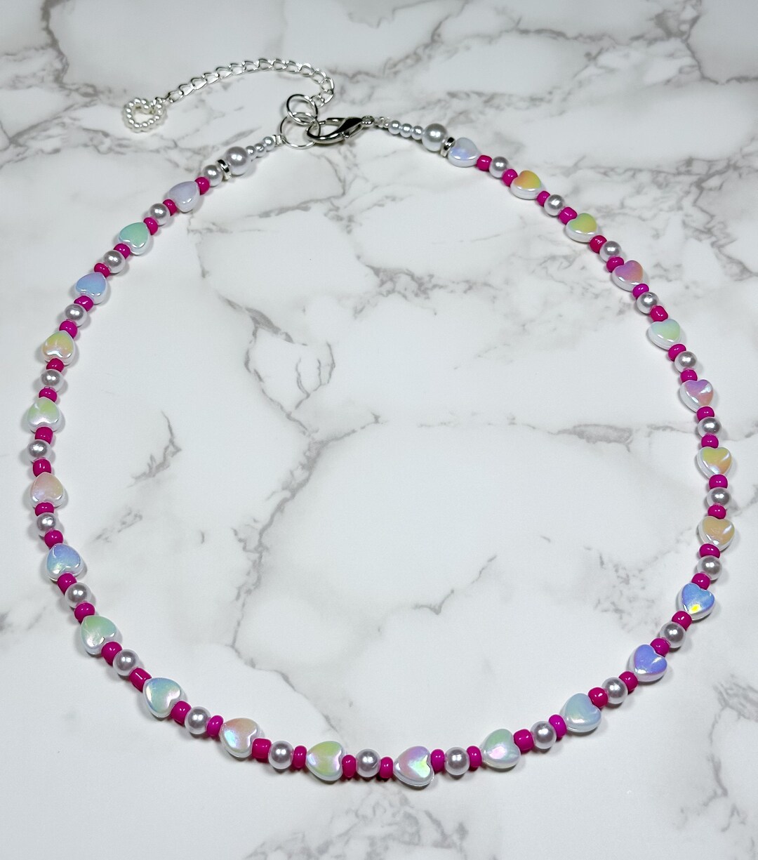 LEAH White Opal Iridescent Heart Beads Fuschia Seed Beads White Pearl ...
