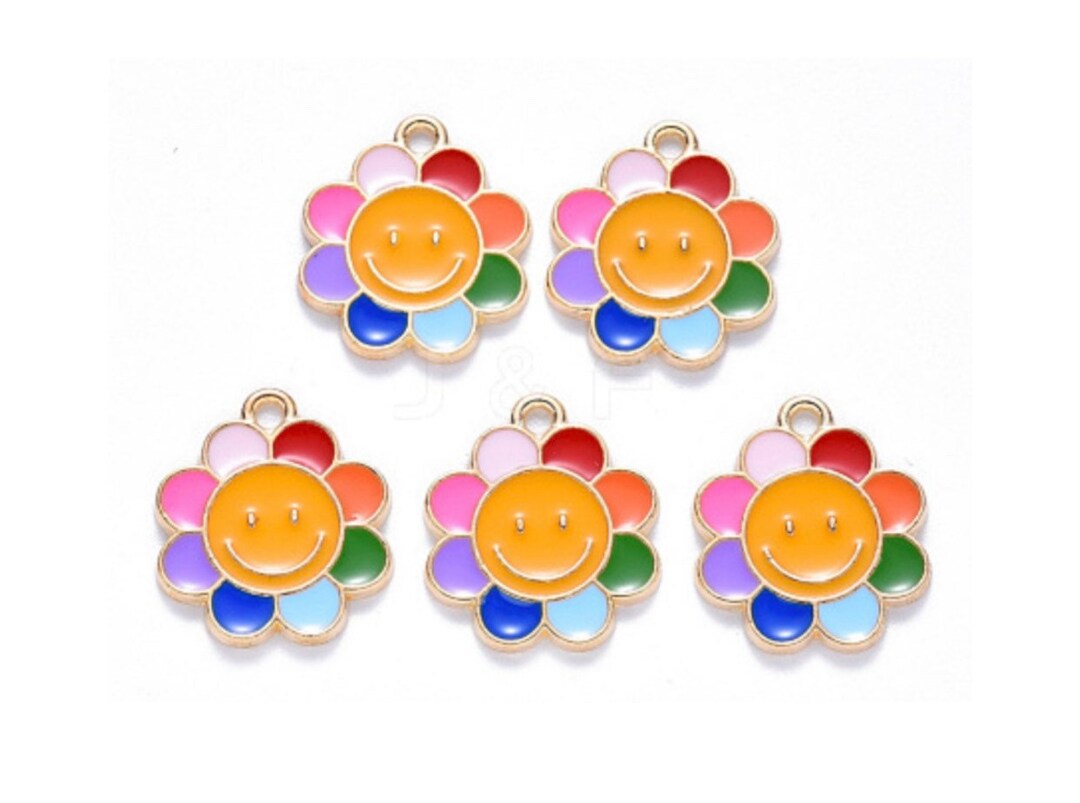 Flower Smiley Face Charm | Rainbow Gold Enamel 1 PC Charm | Flower ...