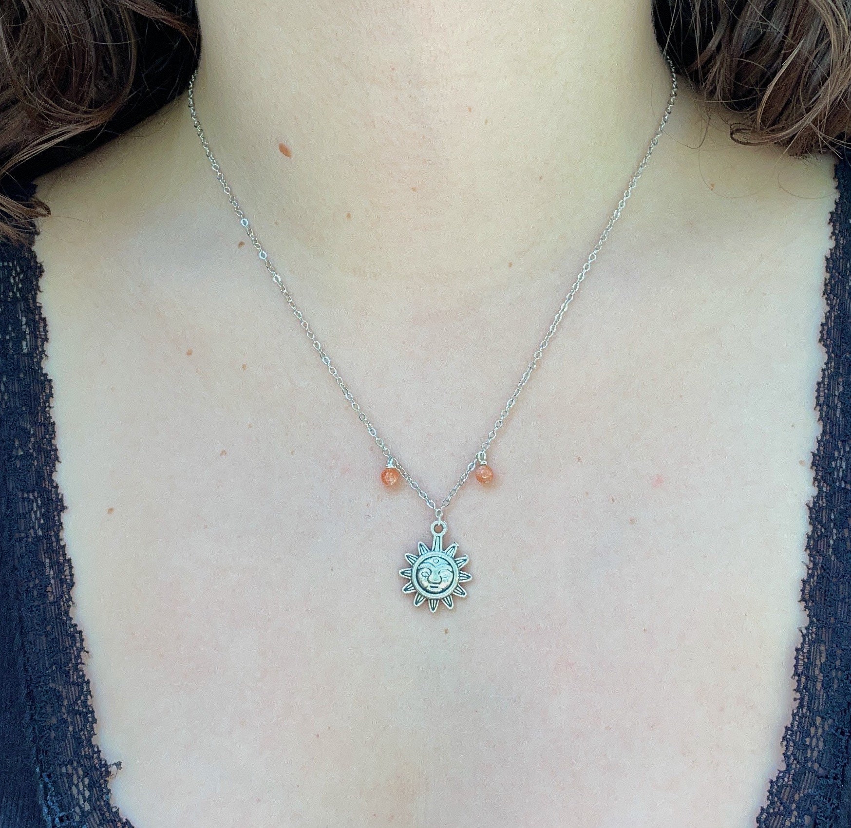 Sunstone Chain Necklace With Silver Sun Pendant, Silver Chain, Crystal ...