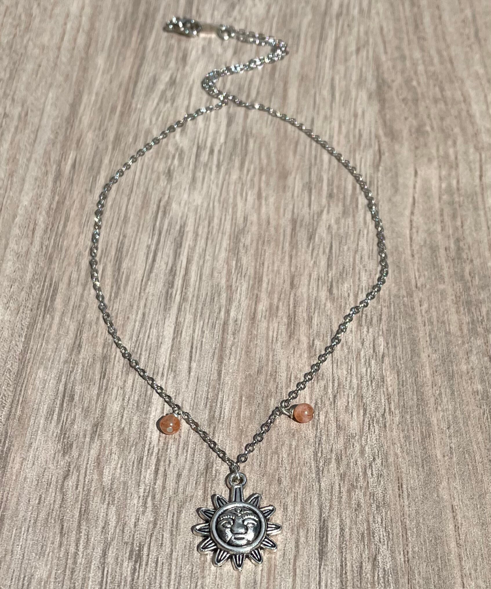 Sunstone Chain Necklace With Silver Sun Pendant, Silver Chain, Crystal ...