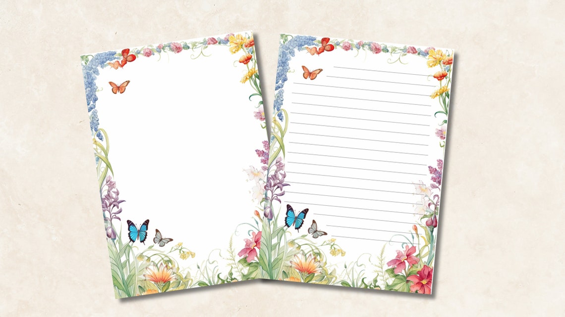 Printable Writing Paper, Flowers and Butterflies Paper, Digital ...