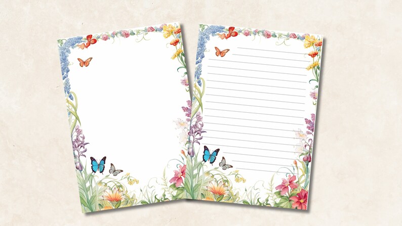 Printable Writing Paper, Flowers and Butterflies Paper, Digital ...