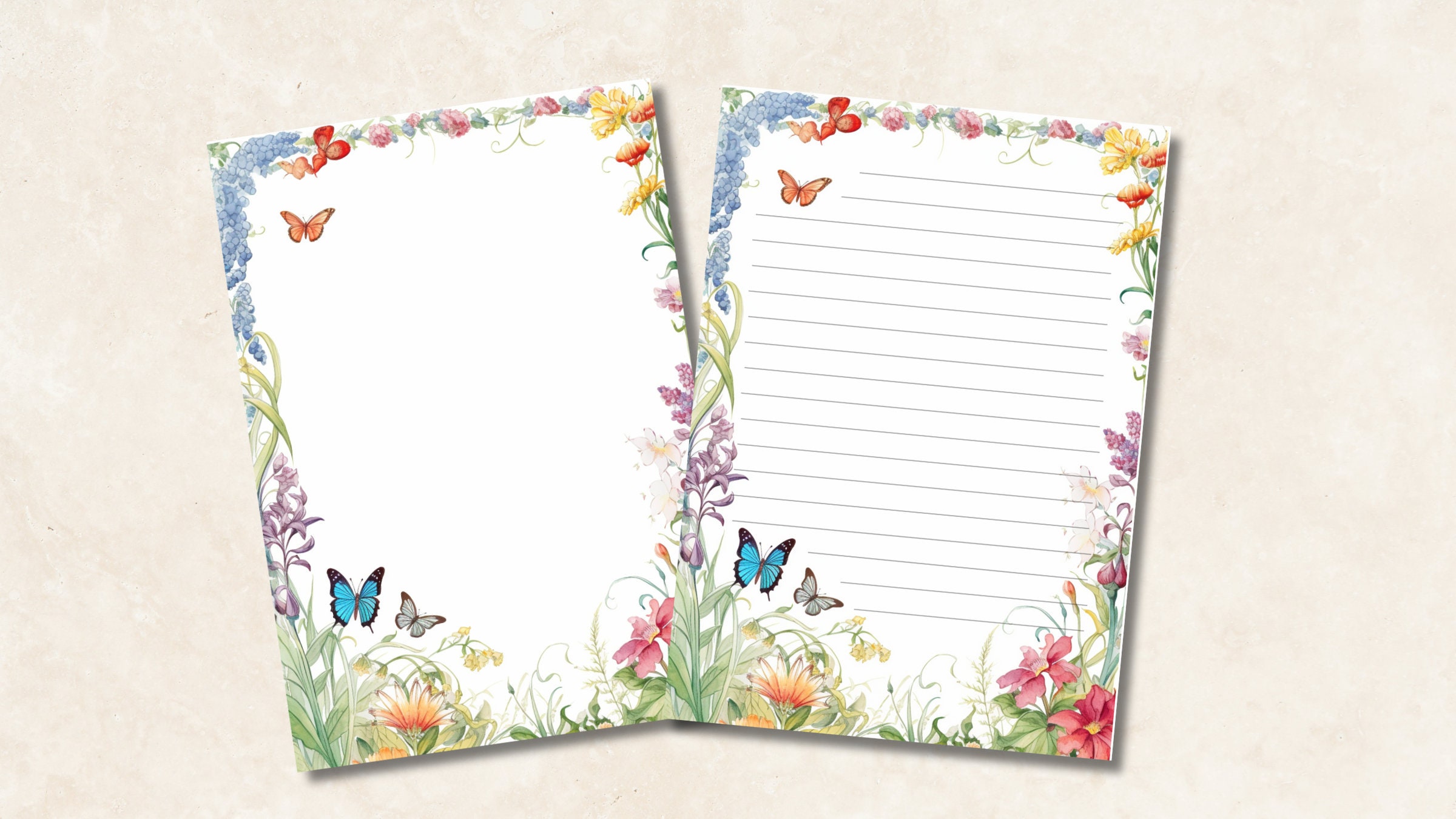 Printable Writing Paper, Flowers and Butterflies Paper, Digital ...