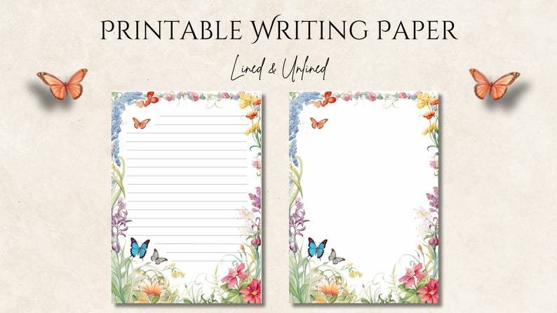 Printable Writing Paper, Flowers and Butterflies Paper, Digital ...