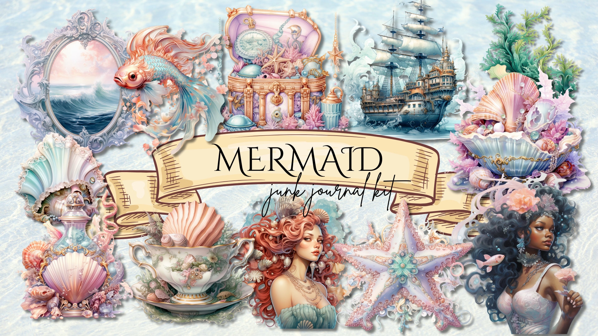 Mermaid Junk Journal Kit printable PDF Pages With Image Art, Bookmarks ...