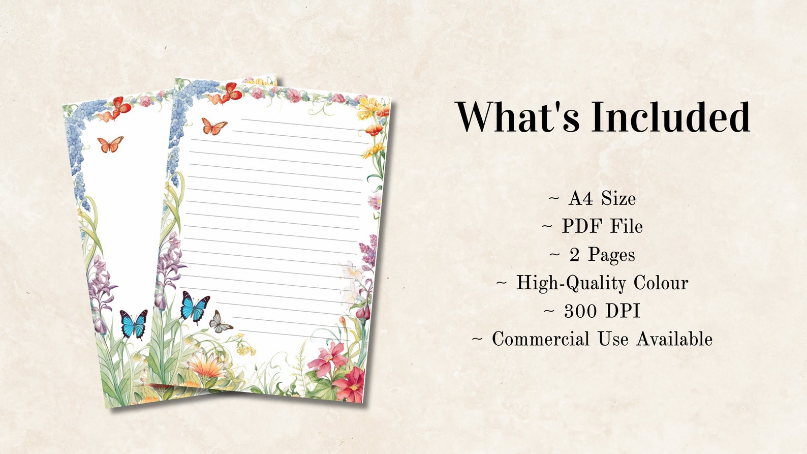 Printable Writing Paper, Flowers and Butterflies Paper, Digital ...