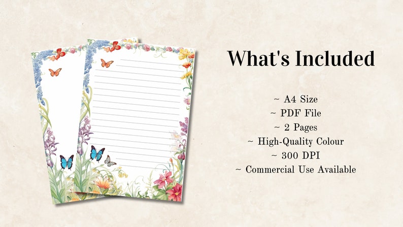 Printable Writing Paper, Flowers and Butterflies Paper, Digital ...