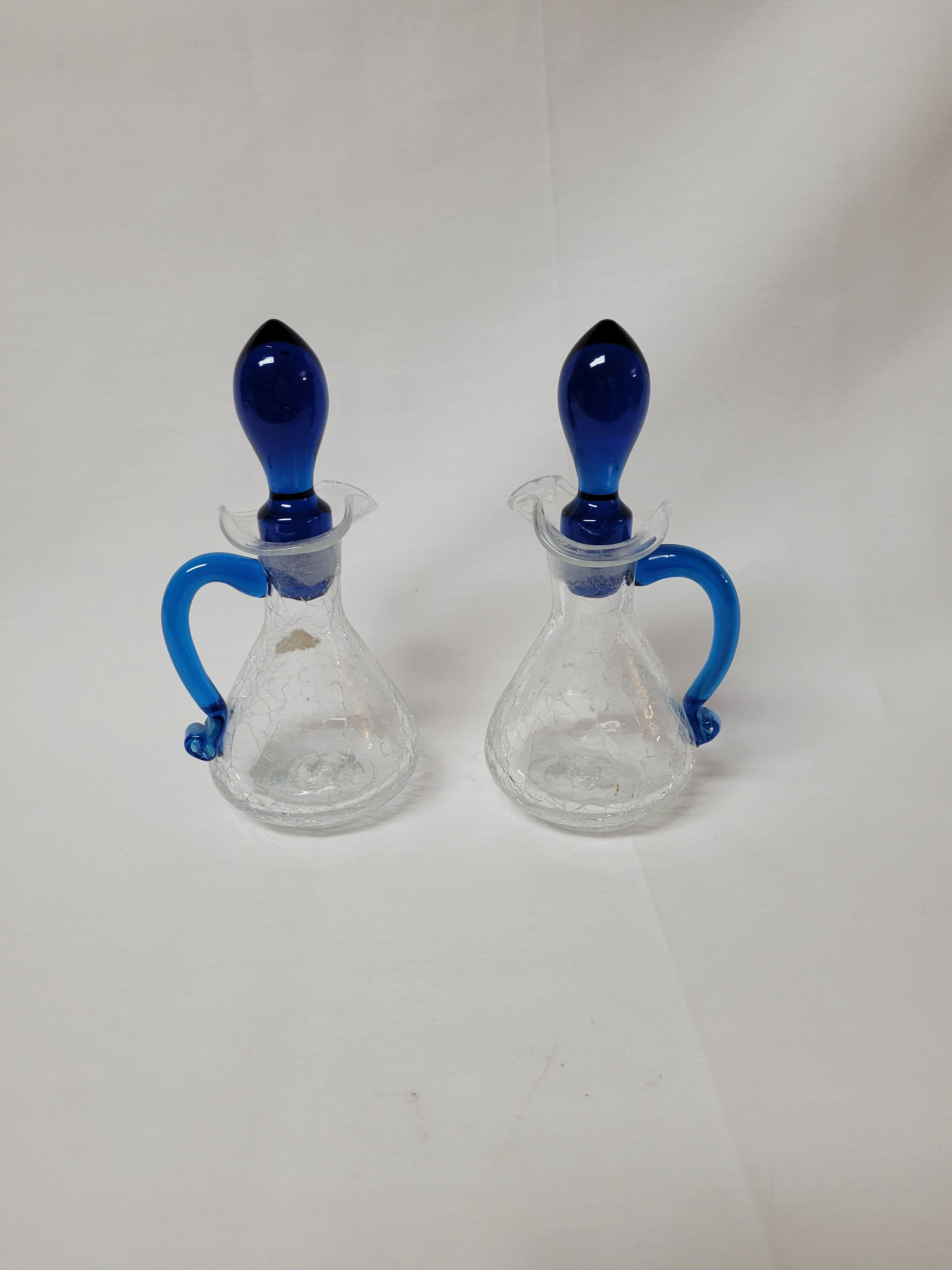 Set of Blown Glass Cruet With Crackled Bottom and Colbalt Blue Stopper ...