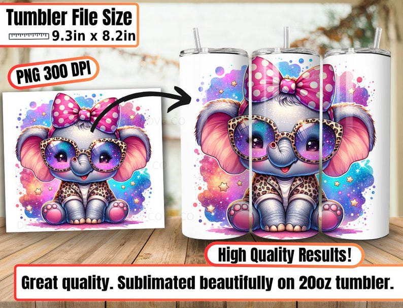 Cute Elephant 20oz Tumbler Wrap, Baby Animal Sublimation Design (PNG ...