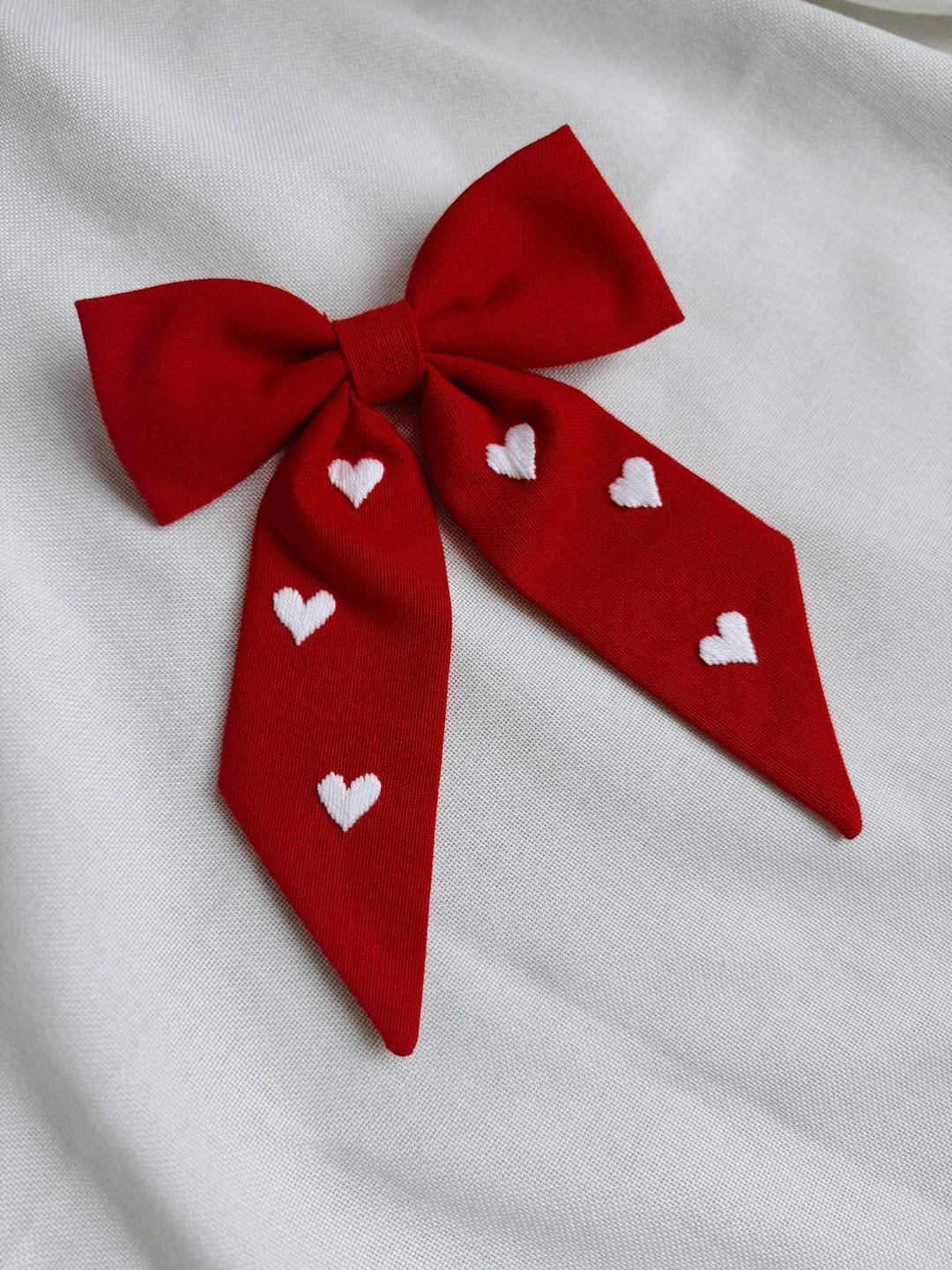 Heart Embroidered Red Hair Bow, Valentine's Day Hair Bow, Valentines ...