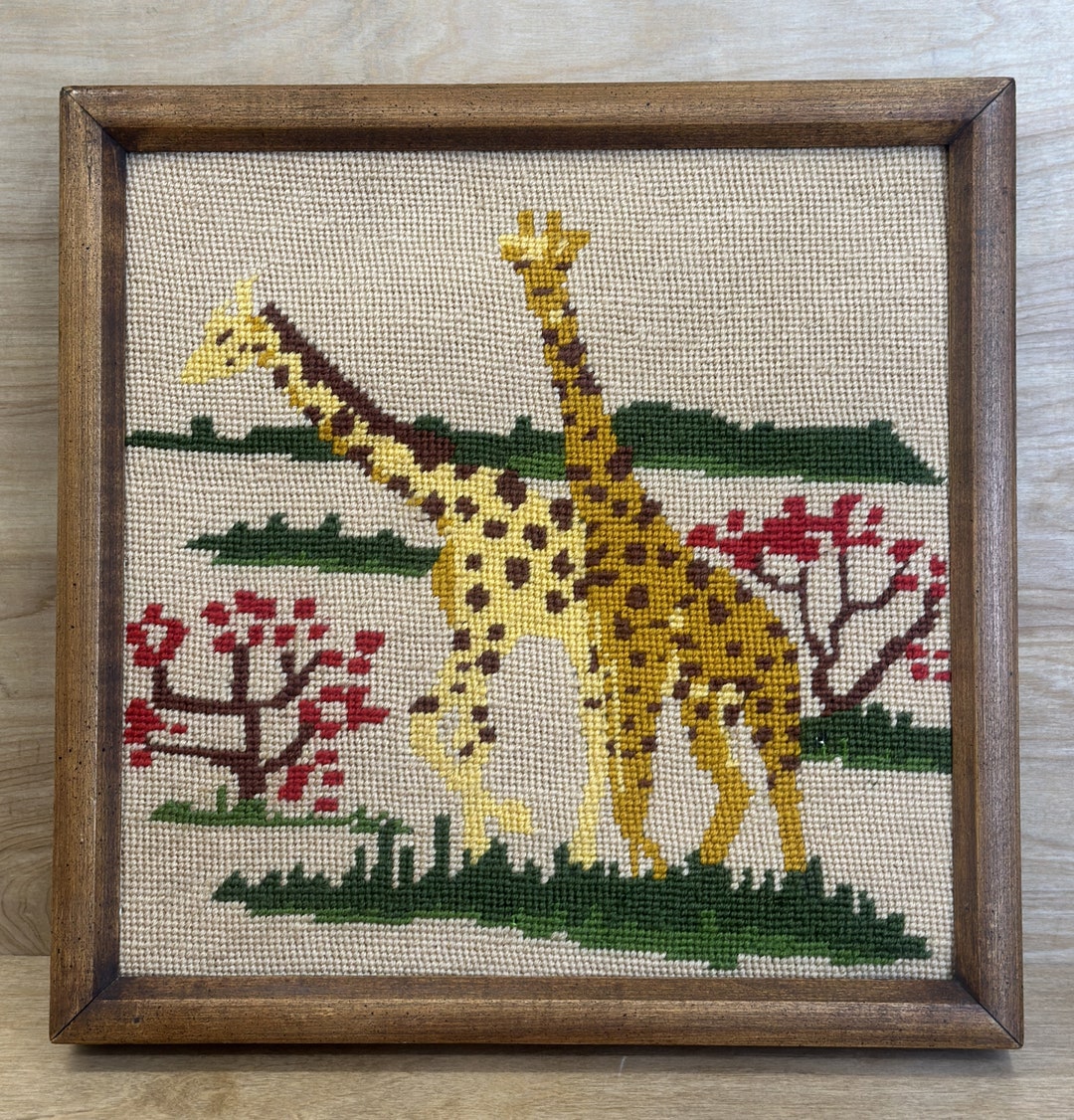 Vintage Giraffe Needlepoint, Wool Needlepoint Pair Giraffes in Love ...