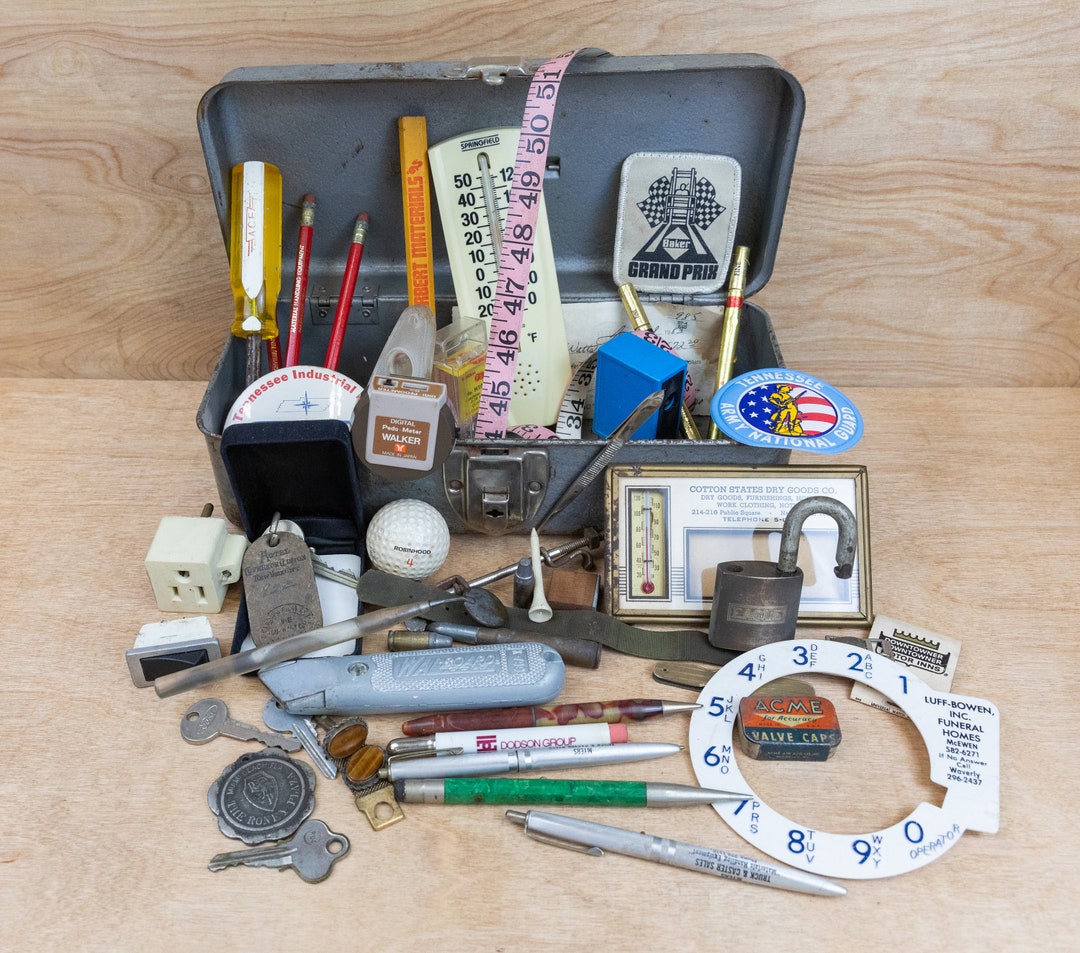 Junk Drawer Lot, Silver Metal Lock Box, Vintage Advertising Items ...
