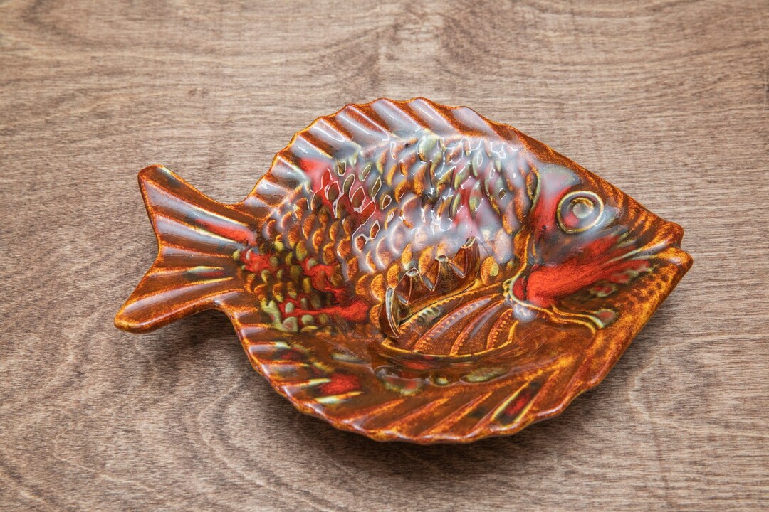 Vintage Ceramic Ashtray, Large Drip Glaze Fish Ceramic Dish, Florida ...