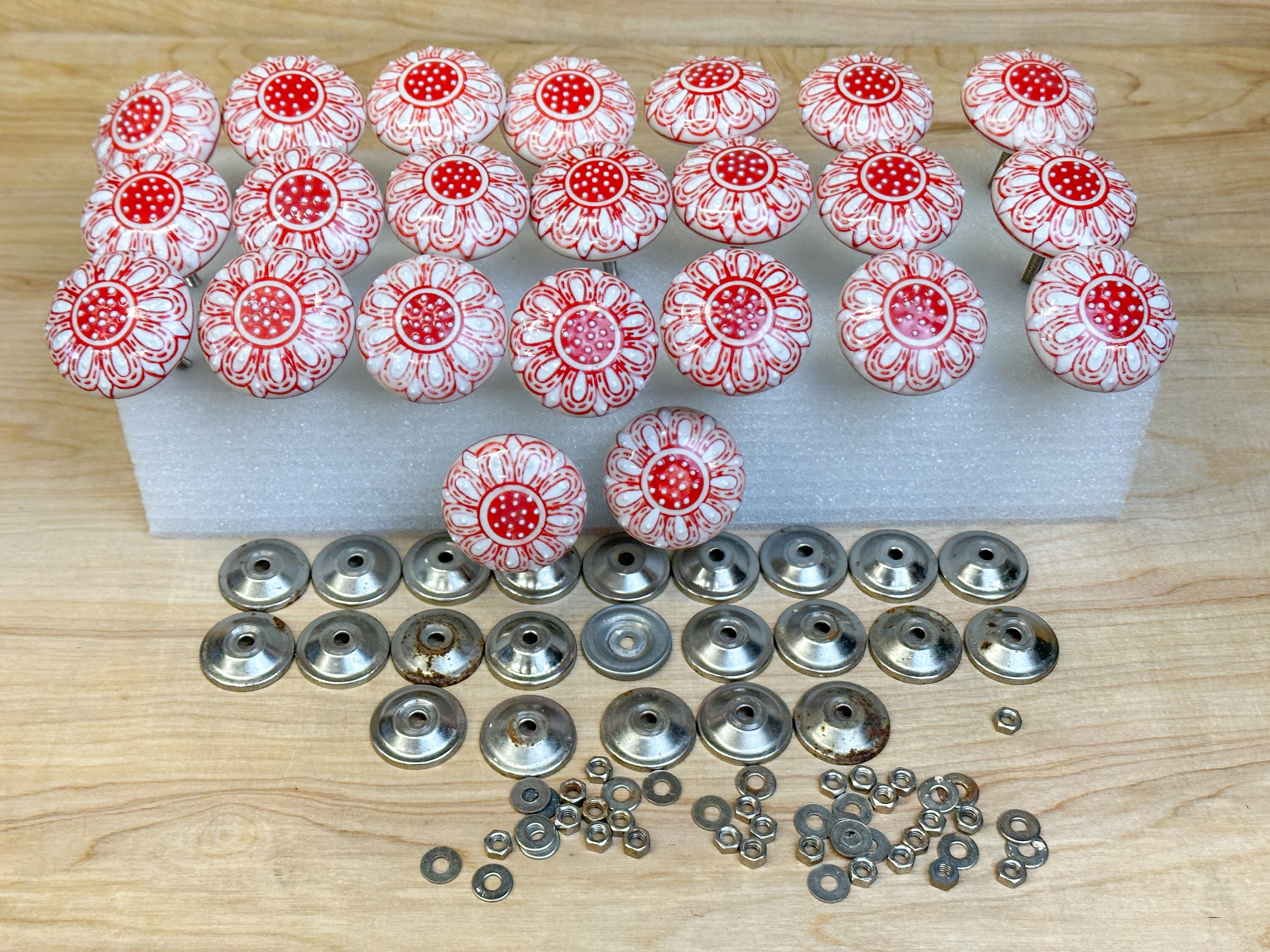 Ceramic Drawer Knobs, Vintage Cabinet Knobs, Red & White Ceramic Kitchen Cabinet Knobs, Hand ...