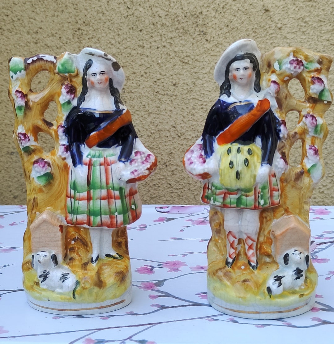 Pair of Staffordshire Flatback Boy and Girl With Dog - Etsy New Zealand