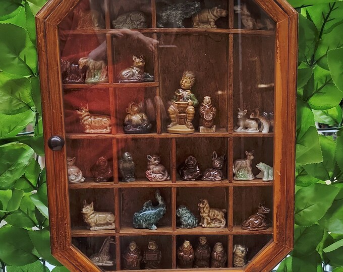 Vintage Glass Display Wall Cabinet With Wade Collection Figurines 33 in ...
