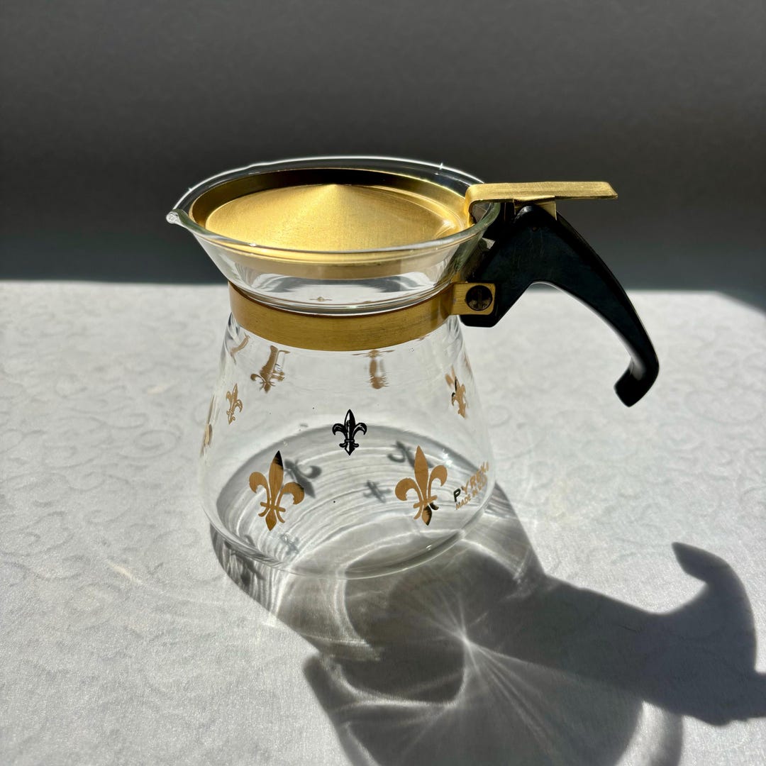 Vintage 1950s Pyrex Coffee Carafe French Gold Fleur De Lis 1-1/2 Cups ...