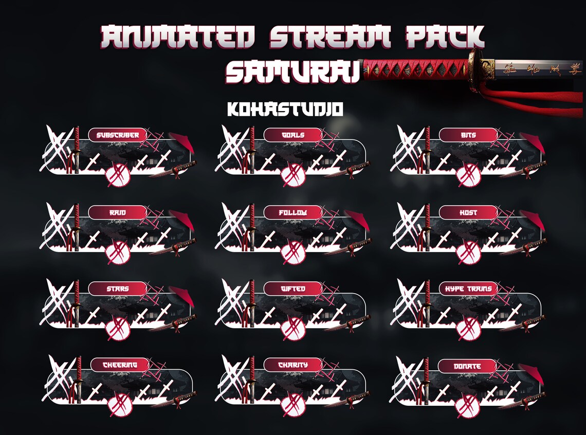 Stream Overlay Animated Full Package Samurai Dark Red, Black overlay ...