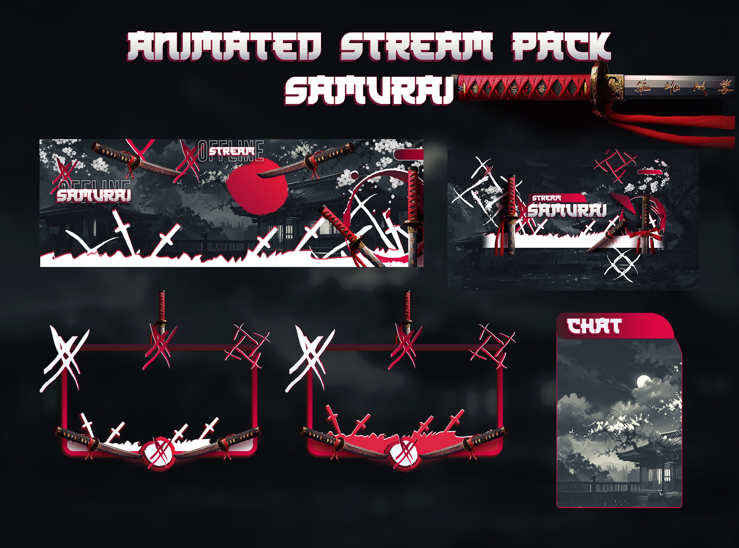 Stream Overlay Animated Full Package Samurai Dark Red, Black overlay ...