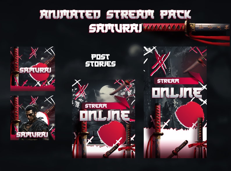 Stream Overlay Animated Full Package Samurai Dark Red, Black overlay ...