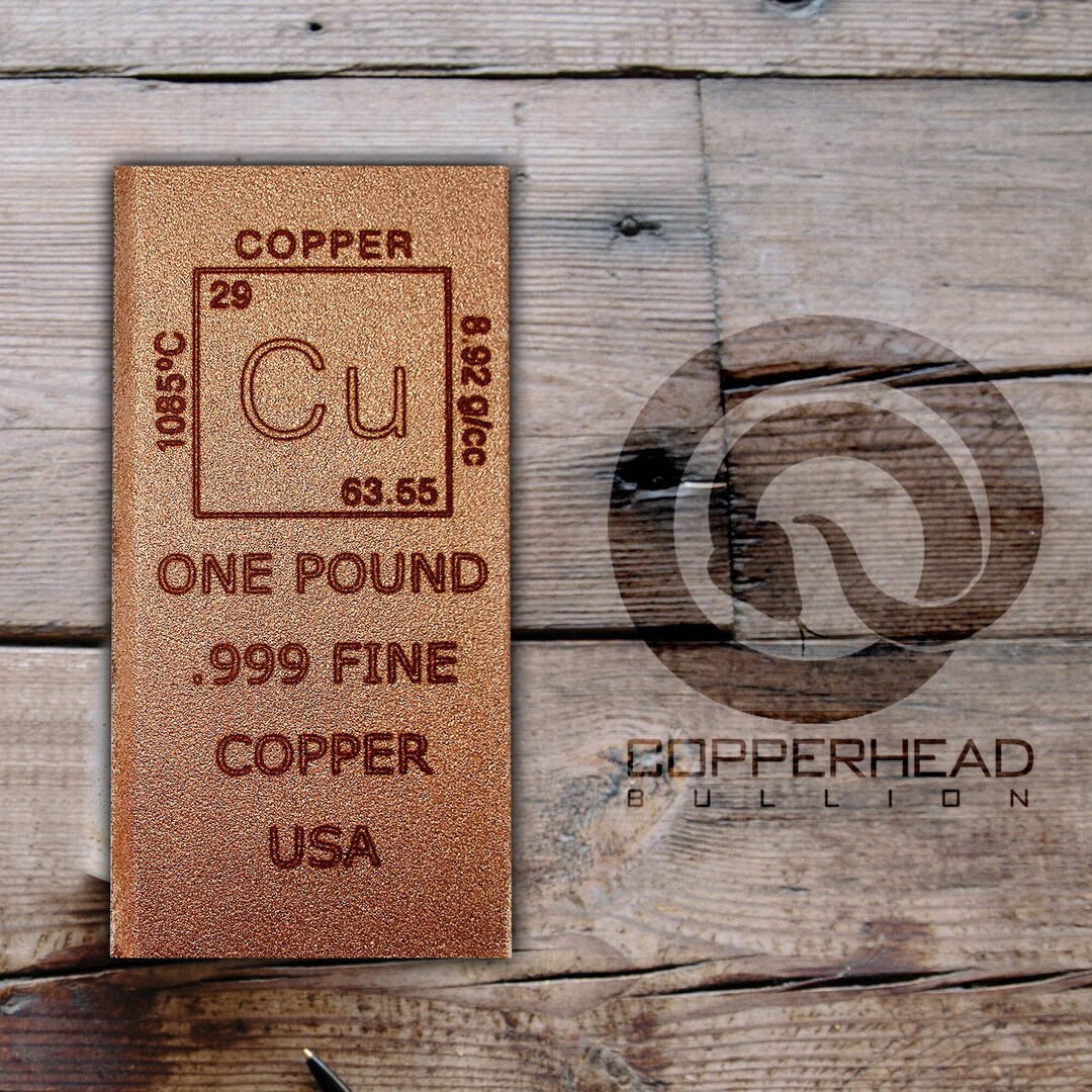 One Pound Solid Copper Bullion Bar Elemental Design .999 Fine Purity 1 ...