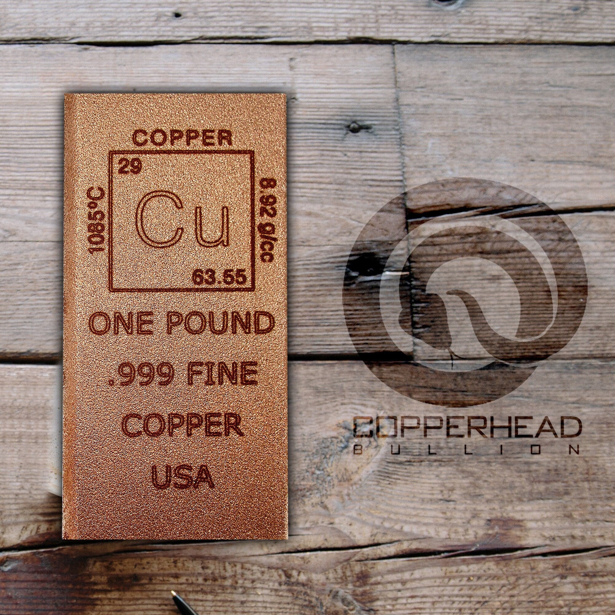 One Pound Solid Copper Bullion Bar Elemental Design .999 Fine Purity 1 ...