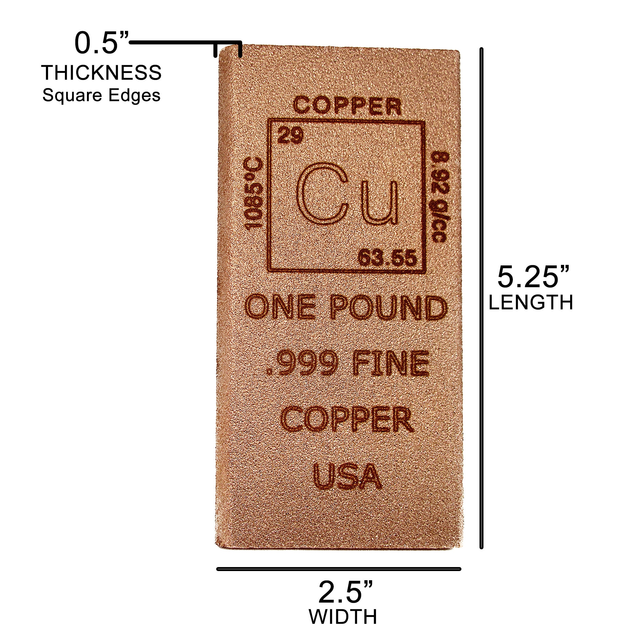 One Pound Solid Copper Bullion Bar Elemental Design .999 Fine Purity 1 ...