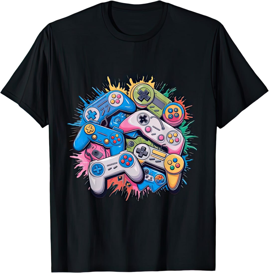 80s 90s Gaming Controller Splat Vintage Gamer Mens Womens Kids T Shirt ...