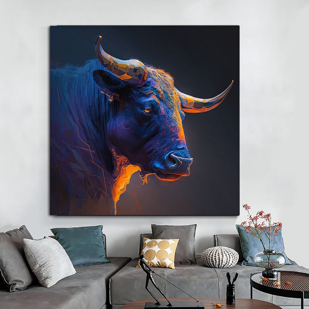 Abstract Canvas Print of a Bull Painting, Dark Blue and Orange, Ox Art ...