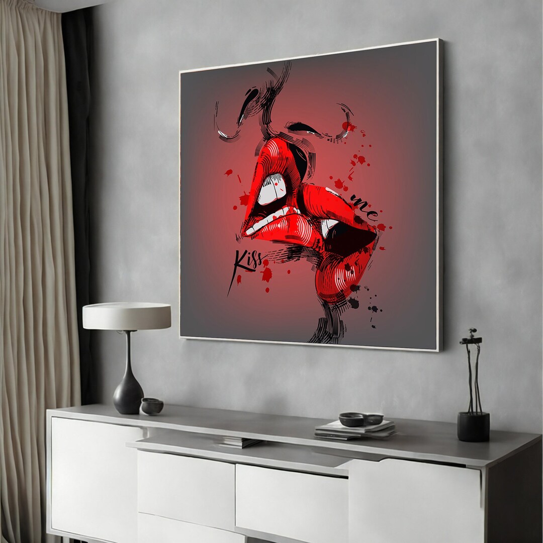 Fiery Kiss Canvas, Kissing Lips Drawing Wall Art, Red Lips Painting ...