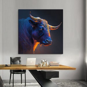 Abstract Canvas Print of a Bull Painting, Dark Blue and Orange, Ox Art ...