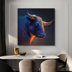Abstract Canvas Print of a Bull Painting, Dark Blue and Orange, Ox Art ...