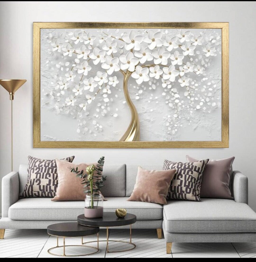 Whıte Flowers Glitter Textured Framed Canvas, Handcrafted Glitter ...