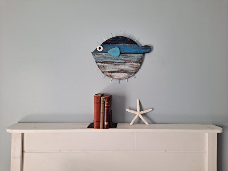 Large Wooden Puffer Fish Distressed Blue Wall Decor - Etsy