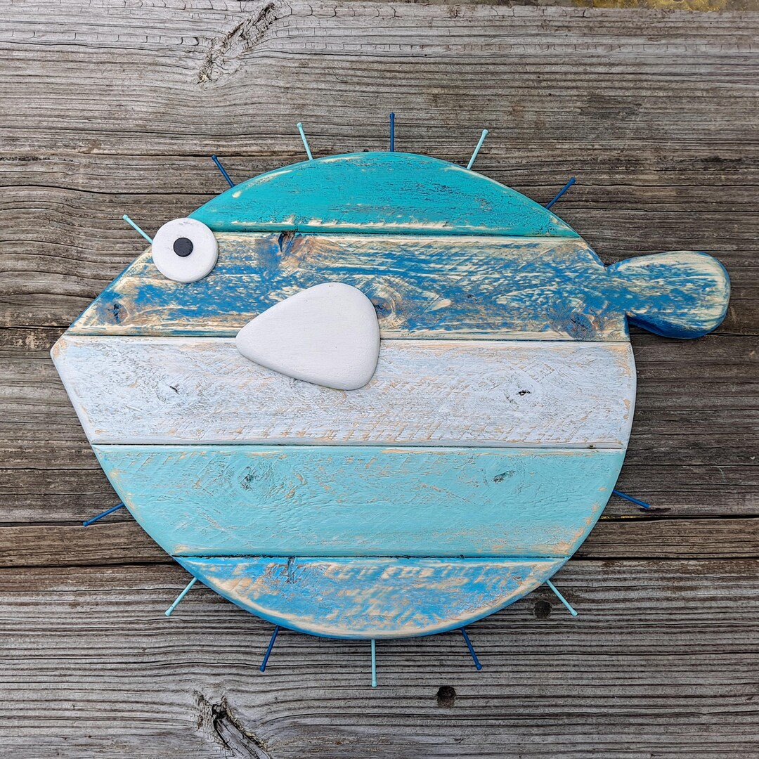 Large Wooden Puffer Fish Handmade Distressed Beach Blue Wall Decor - Etsy