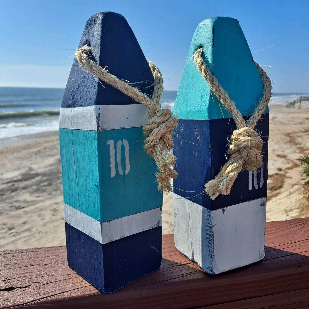 Pair of Wooden Lobster Buoys, Colorful Distressed New England Nautical ...